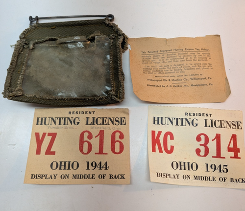Vintage 1944-45 Ohio Resident Hunting License Tag Card and Tag Holder ...