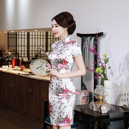 Chinese Traditional Mini Cheongsam Women Summer Silk Dress Prom Qipao S ...