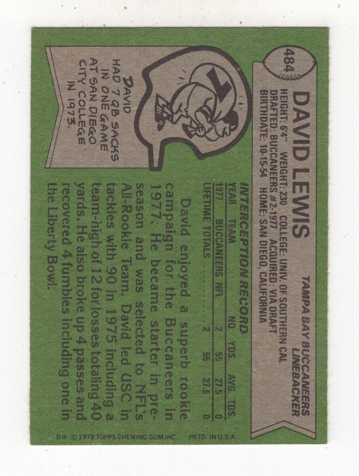 1978 TOPPS FOOTBALL ROOKIE DAVID LEWIS TAMPA BAY BUCCANEERS #484 | eBay