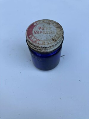 VINTAGE GLASS VICKS VAPO RUB MEDICINE COBALT BLUE JAR / RED METAL LID 1 ...