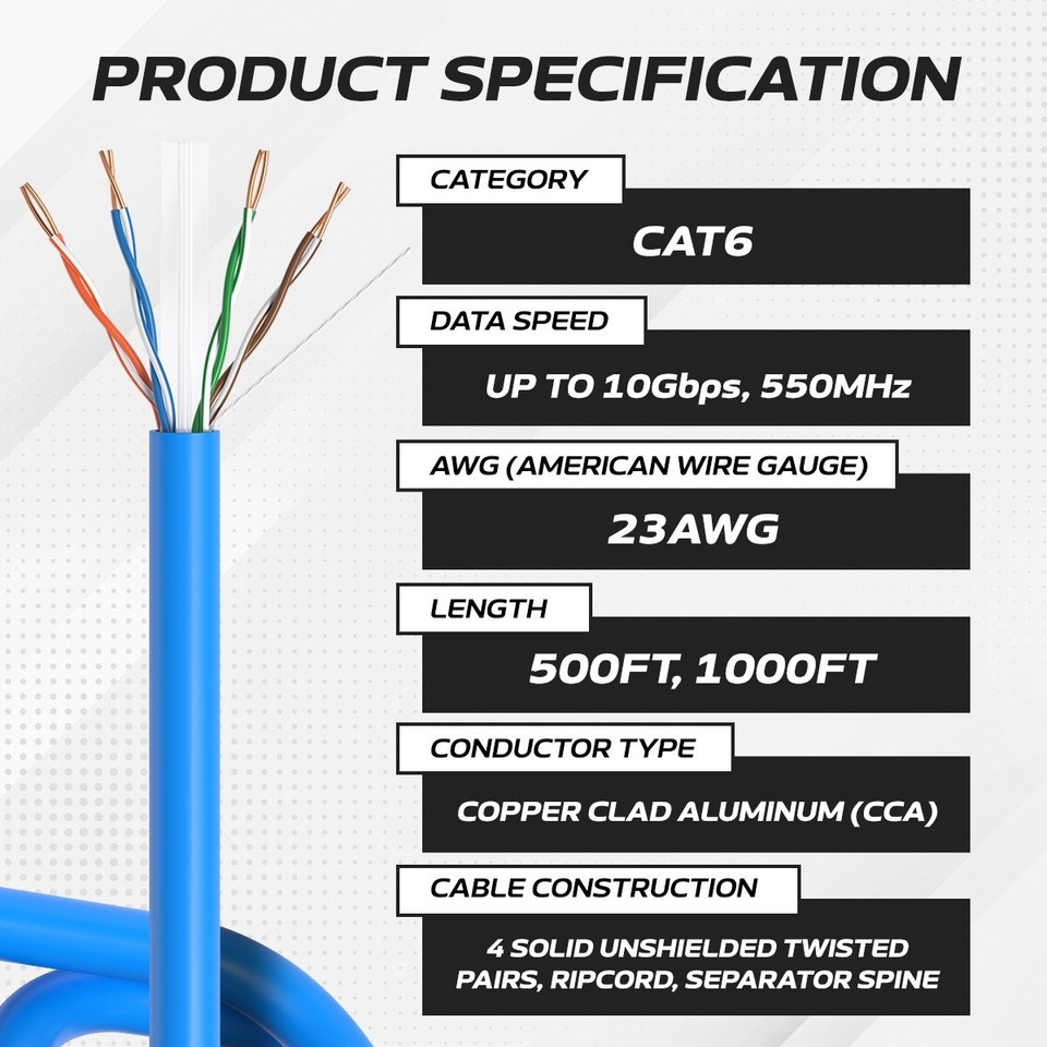CAT6 Cable 500FT 1000FT UTP Solid Network Ethernet 24 AWG Bulk Wire ...