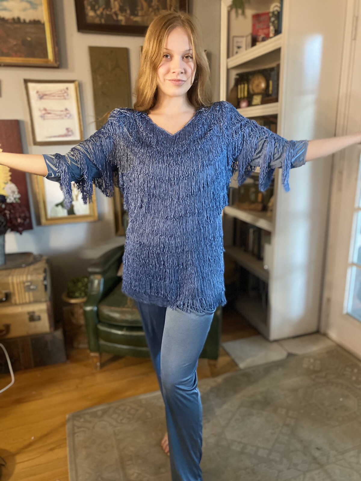 Vintage Nightworks Fringe Tunic and Pants Med Blue Fl… - Gem