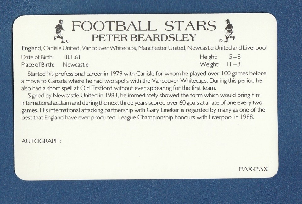 PETER BEARDSLEY 1989 Fax-Pax Soccer Card Vancouver Whitecaps Liverpool ...