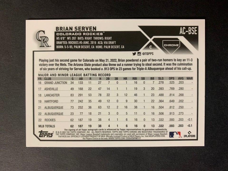 Brian Serven 2023 Topps Chrome Update Rookie Autograph #AC-BSE RC | eBay