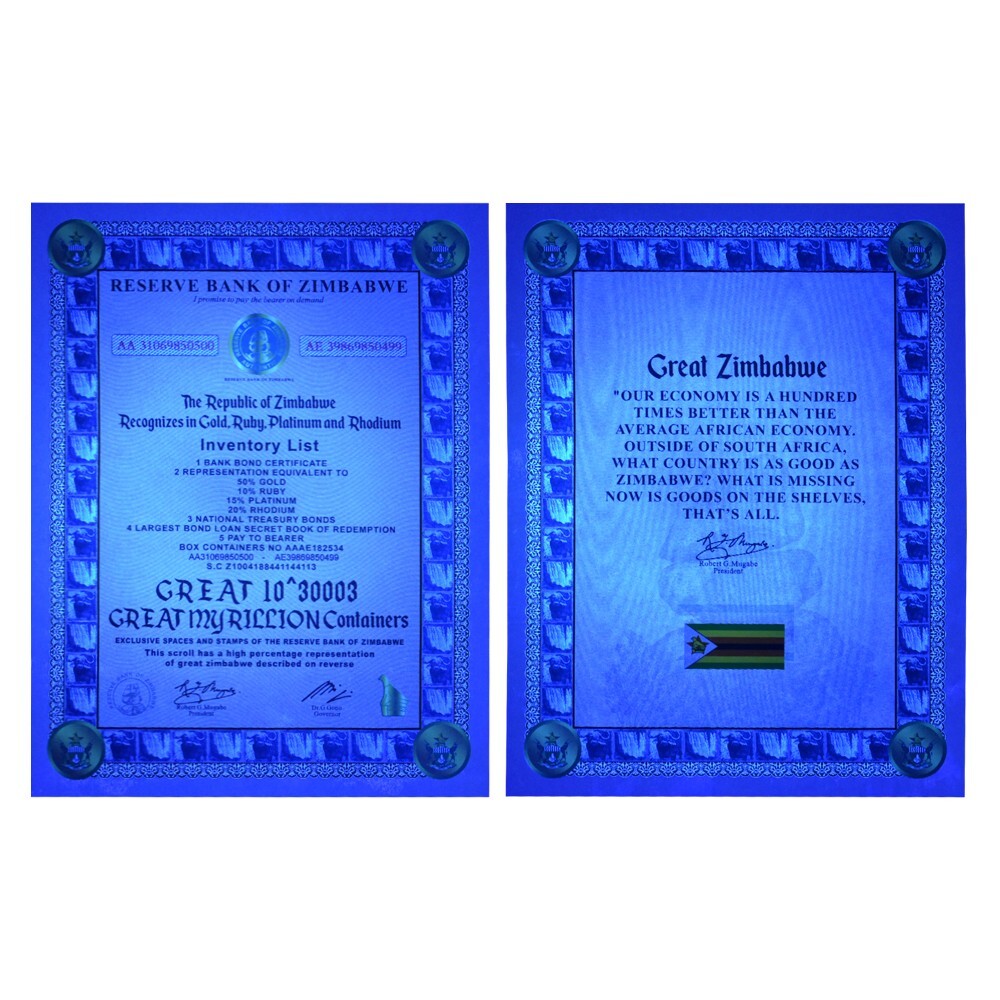 1 PC Great Myrillion Containers zimbabwe Banknote certificate 30003 ...