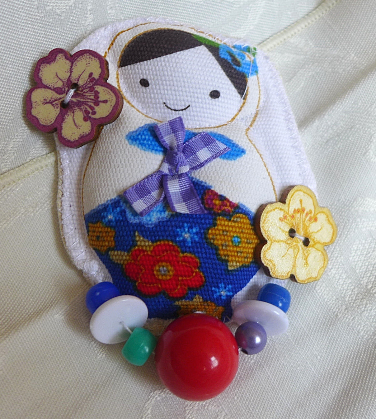 Fabric Handcrafted Brooch Pin Doll Print Flower Buttons Beads One Of A ...