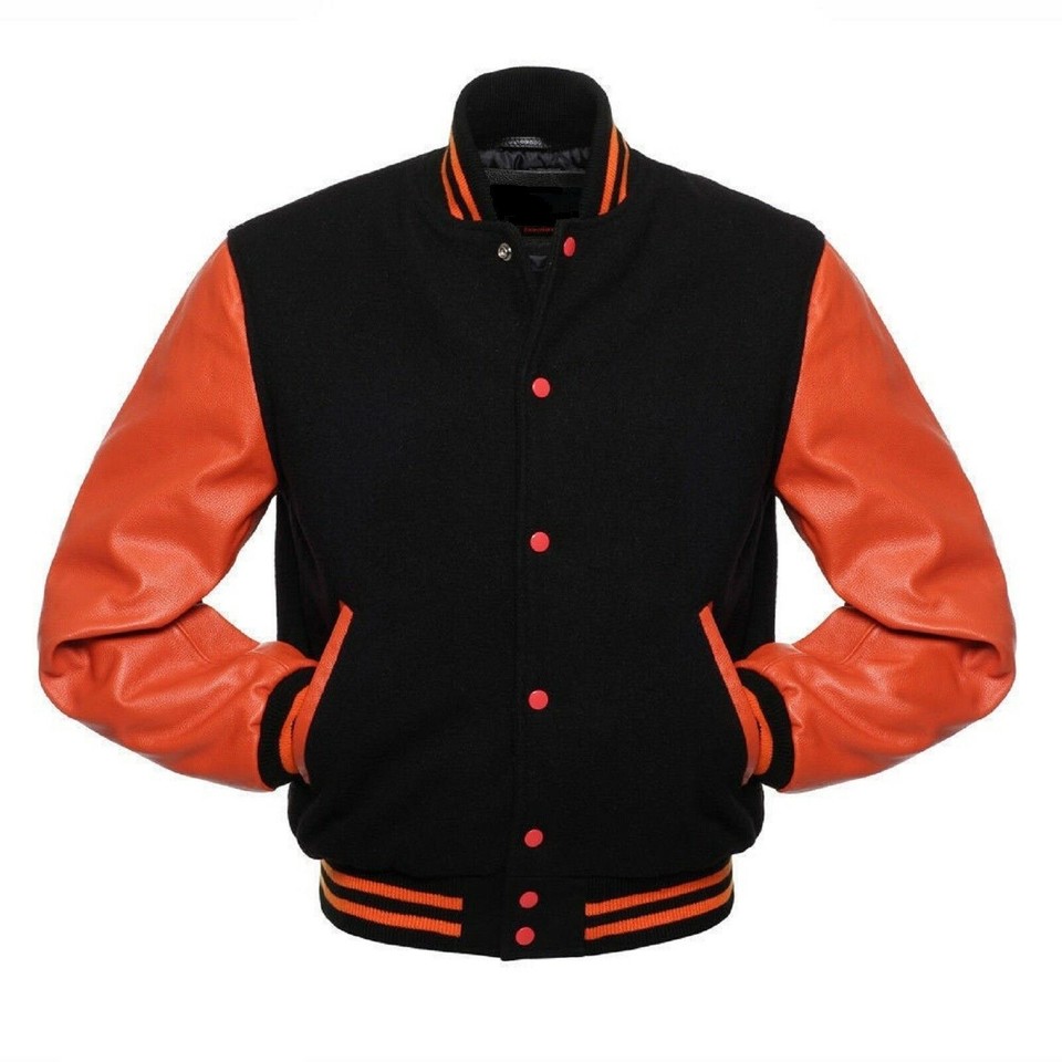Black Wool Varsity Jacket Orange Leather Sleeves – Classic Letterman ...