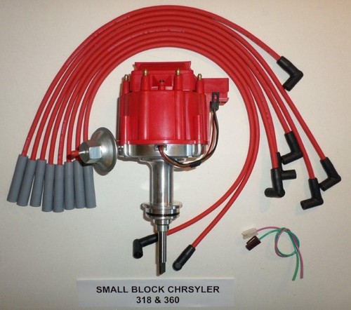SMALL BLOCK CHRYSLER 318 360 HEI DISTRIBUTOR + RED 8mm Spark Plug Wires ...