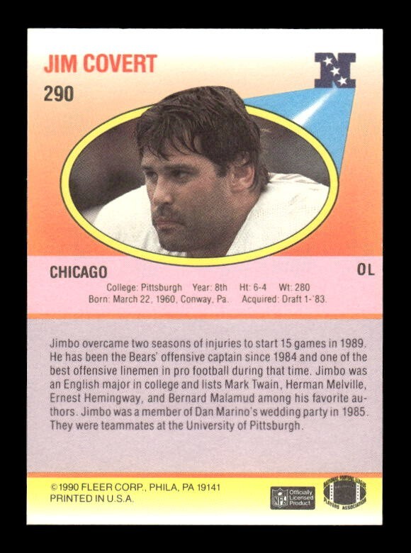 JIM COVERT HARD SIGNED 1990 FLEER FOOTBALL #290 - CHICAGO BEARS AUTO | eBay