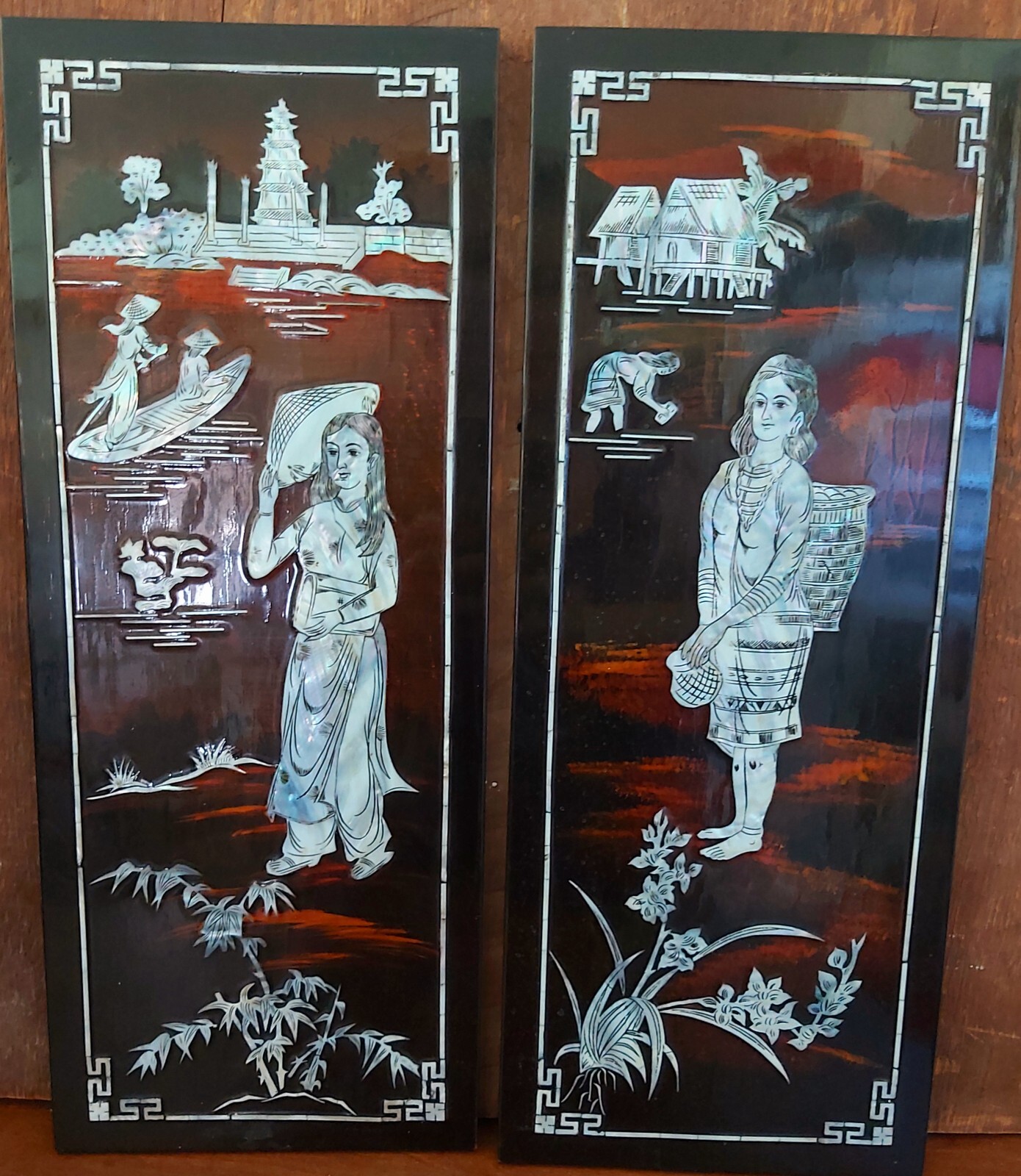 Embossed Mother of Pearl Asian Black Laquered Set Of 2 Vintage Wall ...