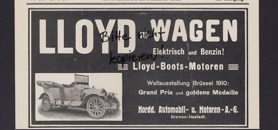 BREMEN-HASTEDT, Werbung 1910, Nordd. Automobil-Motoren AG Lloyd-Wagen ...