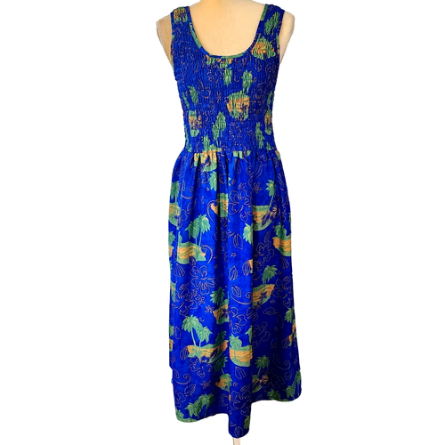 Rima Blue Green Midi Palm Trees Hibiscus Hawaiian Sleeveless Tank Dress ...