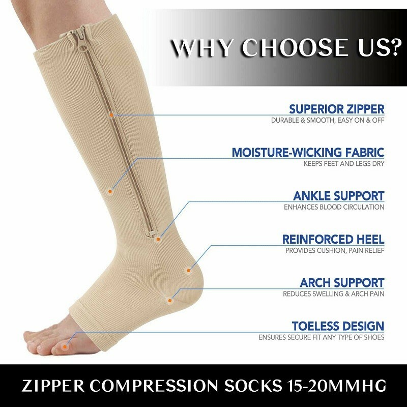 3 Pairs Zip Up Compression Socks for Men Women with Open Toe Knee High ...