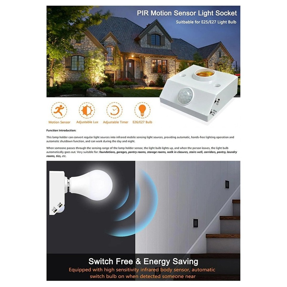 2PCS E27 Lampholder Socket with PIR Motion Sensing Lamp Holder ...