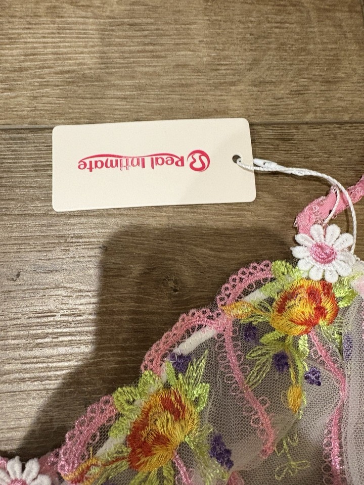 Real Intimate Floral Embroidered Sheer Mesh Bra Set White Pink Size L ...