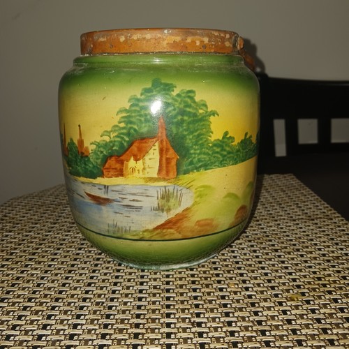 Antique Ceramic Jar Folk Art Hand Painted River Church Scene | eBay