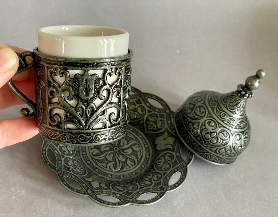 Turkish Coffee Mug Tulip Motif Porcelain Cup Lid Plate Gold Silver ...