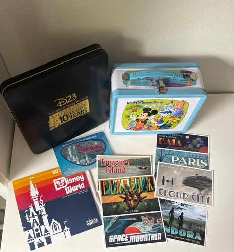 Disney D23 Official Fan Club Pins, lunch box, postcards, patch & record ...