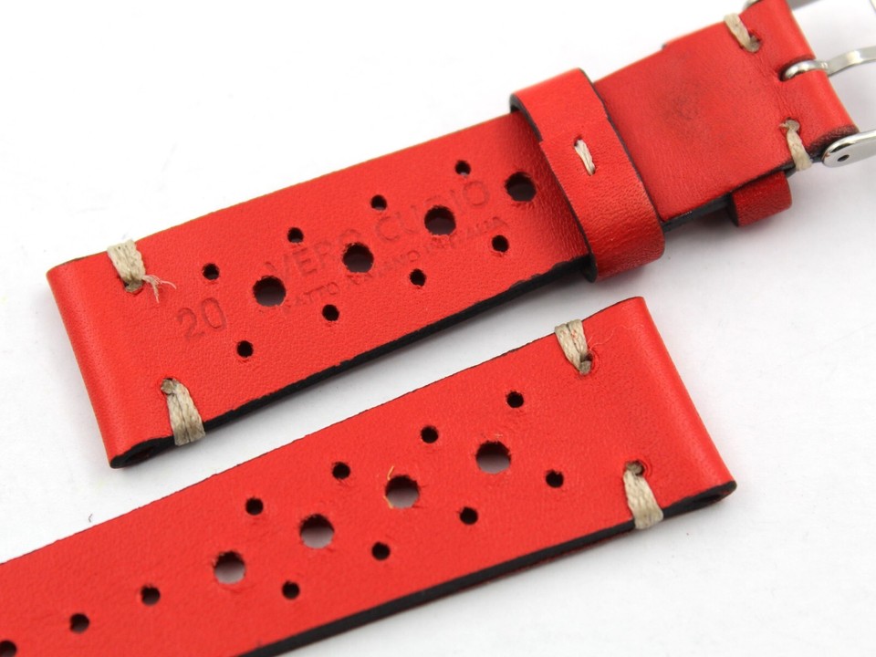 Watch Strap Racing Real Leather Red 20/16mm Quality Replacement Steel ...