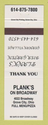 Matchbook Cover - Plank's on Broadway Grove Ccity OH Pizza Beer Garden ...