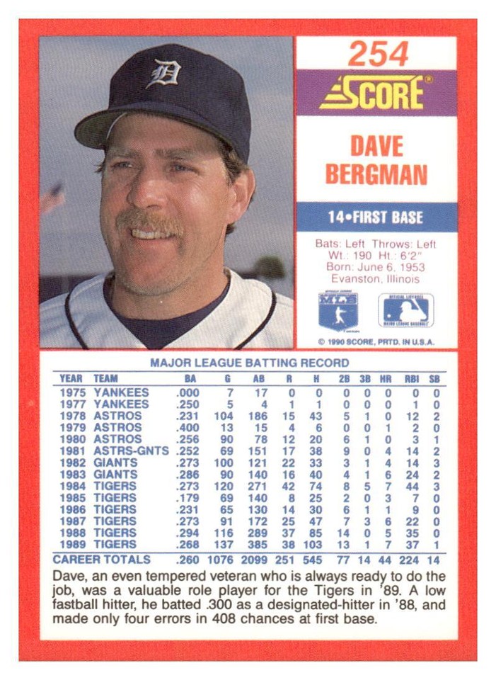 1990 Score #254 Dave Bergman TIGERS | eBay