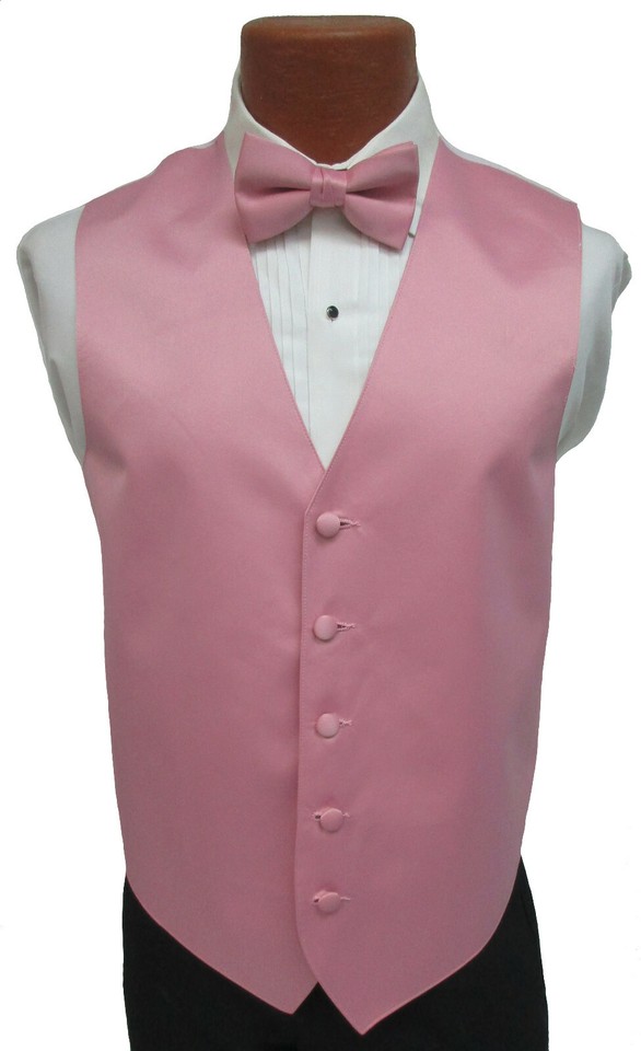 New Men's Rose Pink Satin Tuxedo Vest Choice of Bow or Long Tie Wedding ...