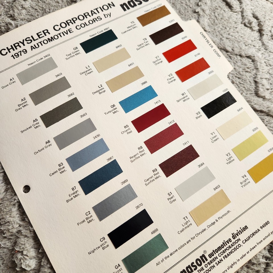 1979 Chrysler Corporation Automotive Colors by Nason Paint Chip Sample ...