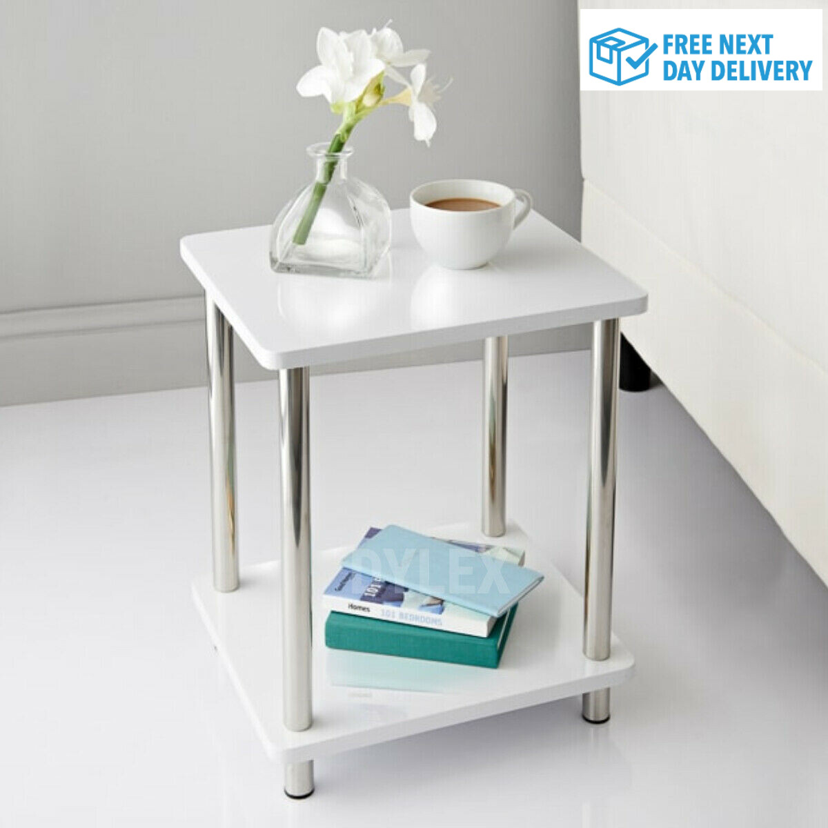 Small 2 Tier White Gloss Finish Side Table with Shelf Bedroom Coffee ...