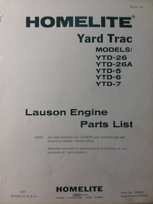 Homelite Yard Trac Deluxe YTD-7 6 5 26 A Lawn Tractor Lauson Engine ...