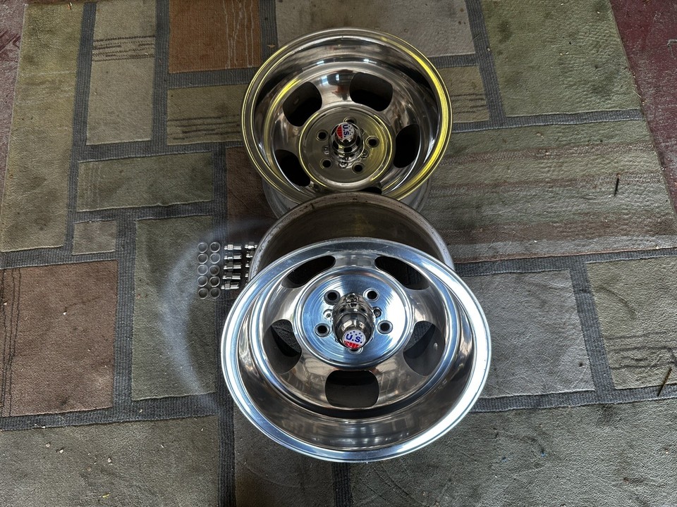 VINTAGE PAIR (2) 15x8.5 POLISHED REAL US INDY MAGS 4 3/4 CHEVY CAR ...