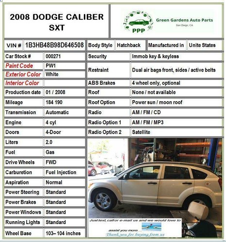 2007 - 2012 DODGE CALIBER Front Hood Bonnet Panel Paint Code PW1 ...