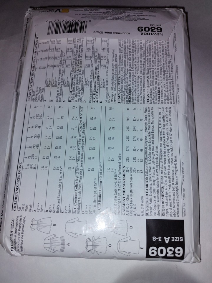 2003 SIMPLICITY New Look 6309 Children Dress Coat Size 6309 Size A3-8 ...