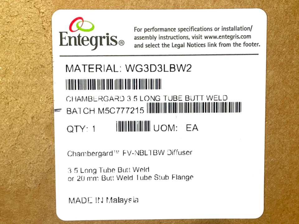 Entegris ChamberGard Fast Vent Diffuser 3.5 Long Tube Butt Weld LAB ...