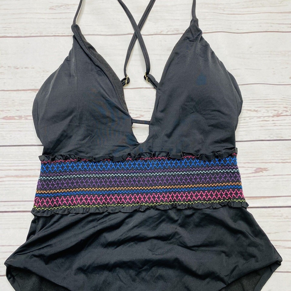 Bar III Smocked Plunging One Piece Swimsuit Black M New Rainbow ...