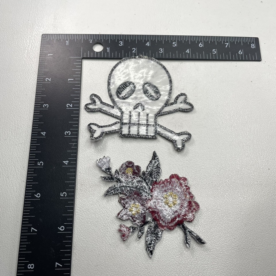 2 Patches Inc. 1 Cheaply Made Skull Patch & 1 Flower w/ Black Leaves ...