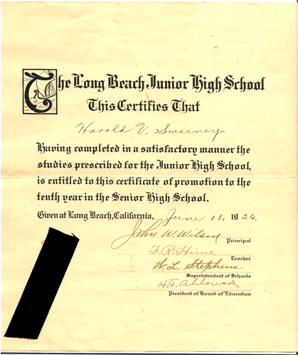 1926 Long Beach Junior High School Diploma Long Beach California Harold ...