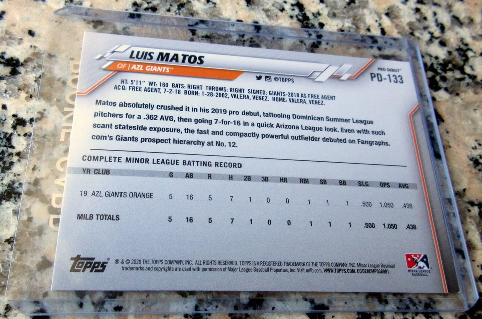 LUIS MATOS 2020 Topps Rookie Card RC San Francisco Giants Venezuela HR ...
