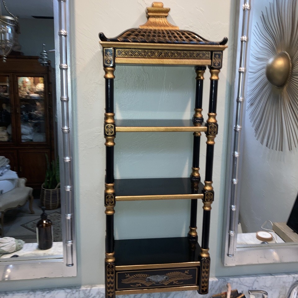 Chinoiserie Style Pagoda Wall Shelf Black Gold Faux Bamboo Asian W ...