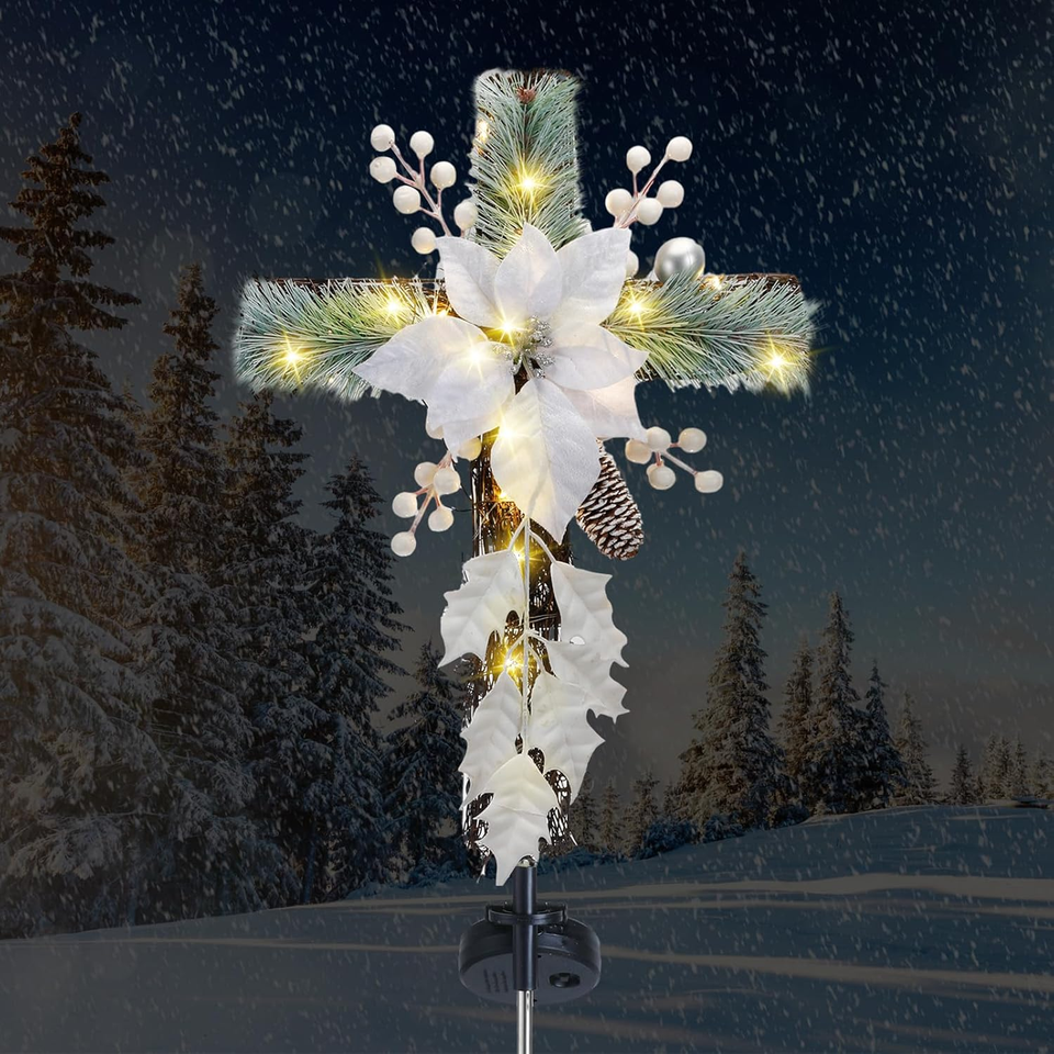 34 Inch Solar Lighted Christmas Cross Stake Cemetery Grave Decorations ...
