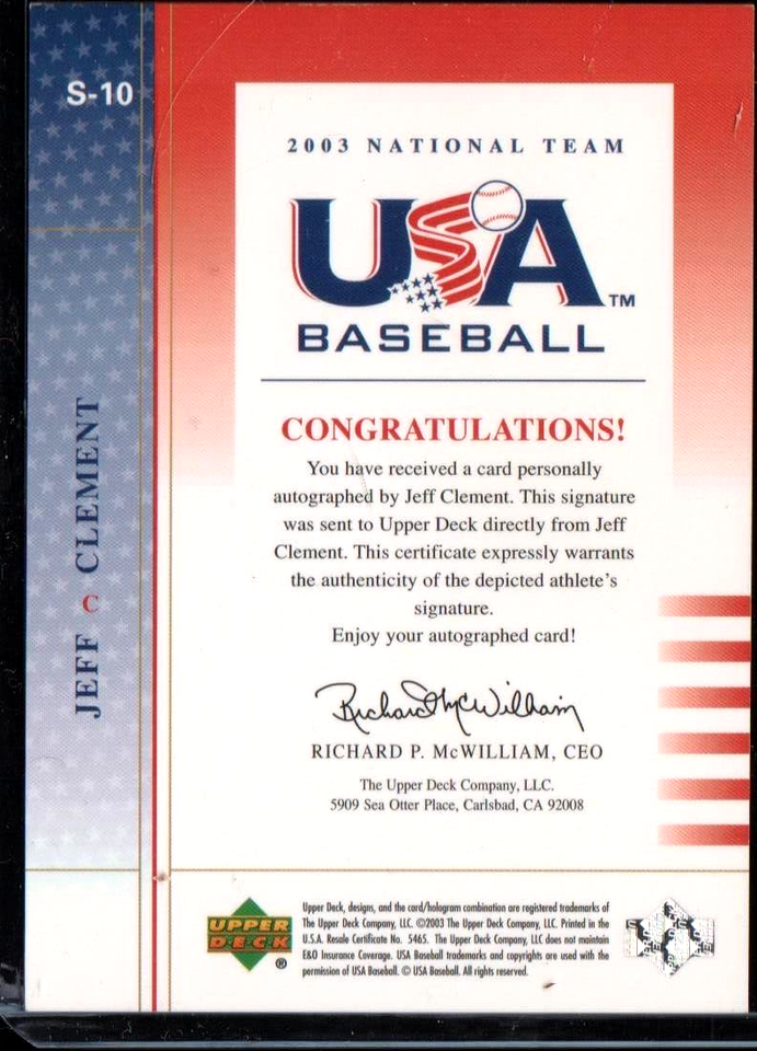 Jeff Clement 2003 UD USA Baseball Team USA Signatures (Red Ink) Auto ...