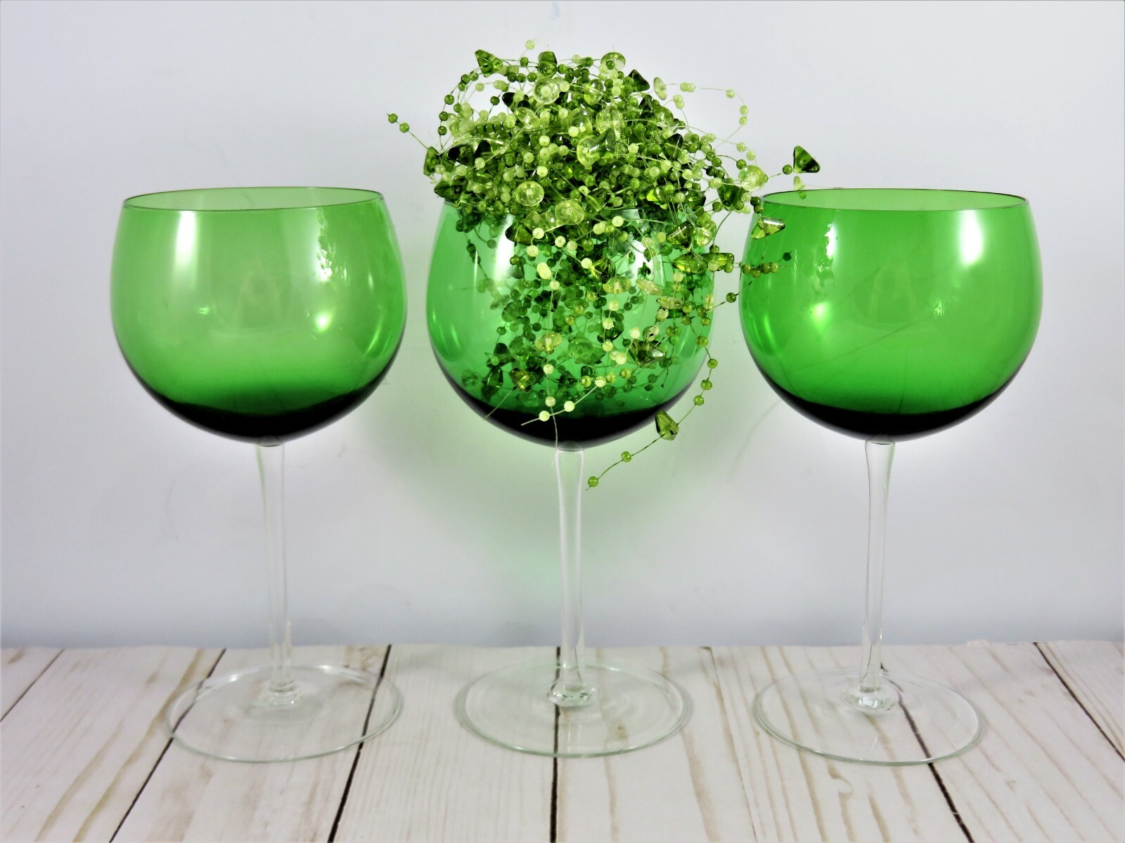 Emerald Green Blown Glass Round Goblets Thin Clear Stems 10 Ounce Set ...