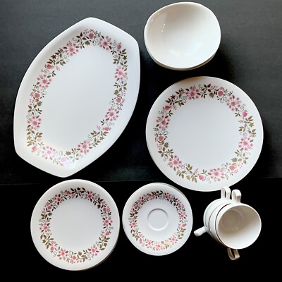 Vintage Melamine Dishes Dinnerware Set 20 PC Pink and Gold Floral ...