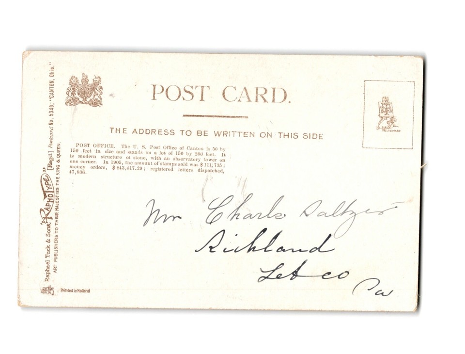 1909 Canton Ohio Post Office Raphael Tuck Divided Back Postcard Vintage ...