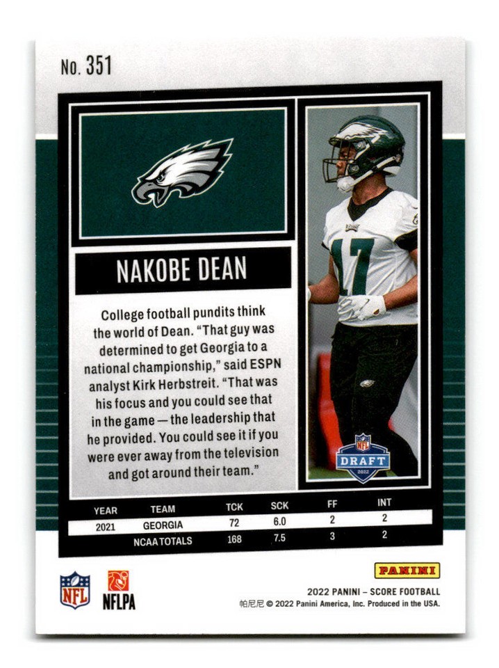 2022 Score Nakobe Dean #351 Philadelphia Eagles | eBay