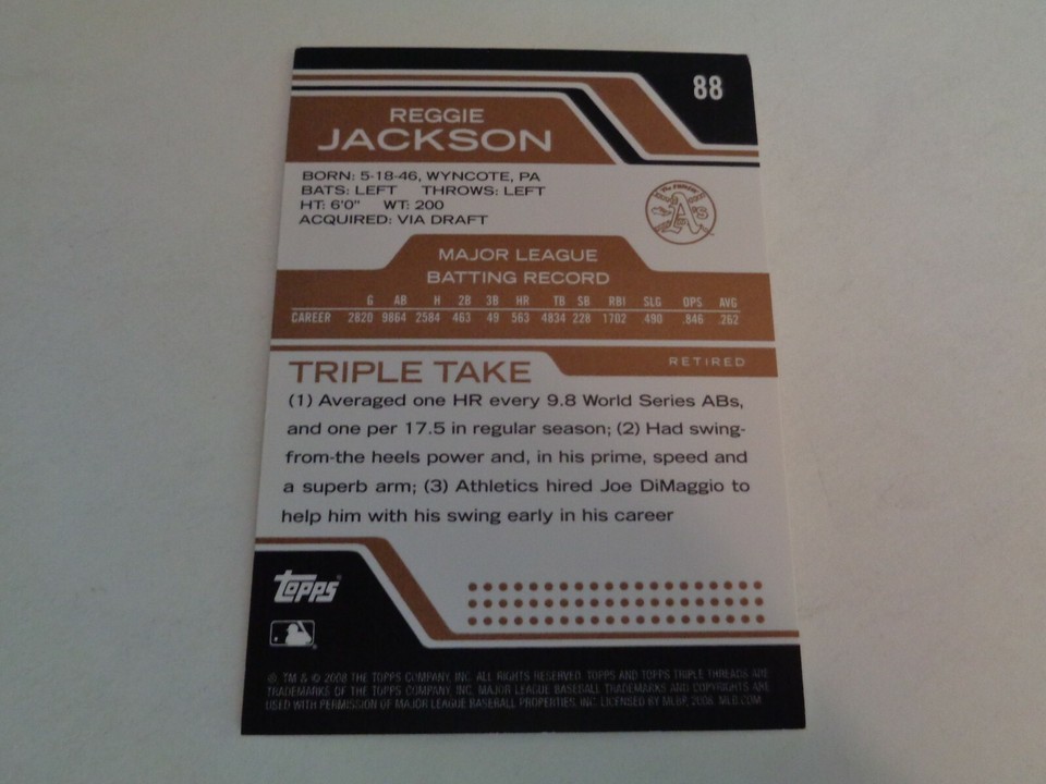 2008 Topps Triple Threads Sepia Reggie Jackson Card #88 Serial #20/525 ...