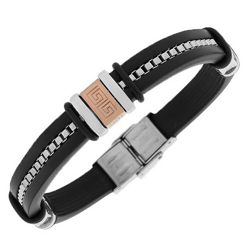 Stainless Steel Black Rubber Silver Rose Gold Tone Chain Greek Key Mens ...