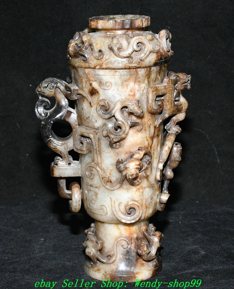 8" Old Han Dynasty Natural Hetian Jade Carve Dragon Pixiu Beast Zun Cup ...