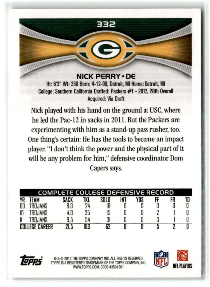 2012 Topps Football #332 Nick Perry Rookie Green Bay Packers | eBay