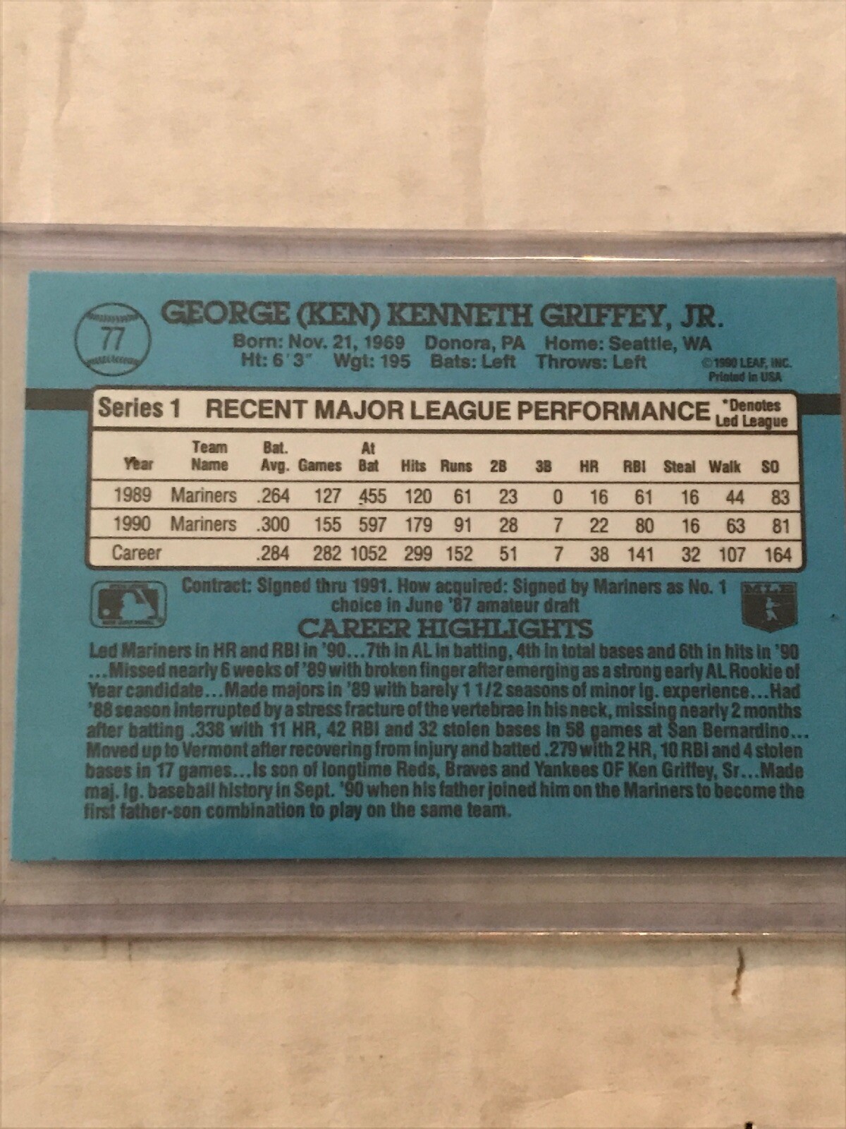 GEORGE KENNETH (KEN) KEN GRIFFEY, JR. 1991 DONRUSS #77 PERFECT ...