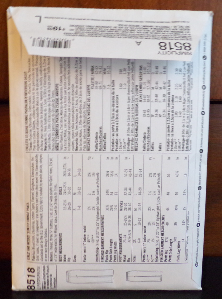 Simplicity Sewing Pattern 8518 Girls Misses Lounge Pants Sizes S-L/XS ...